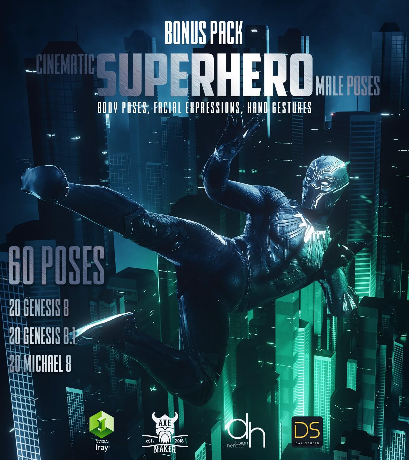 Cinematic Superhero Male Poses - Daz Content by Axe Maker