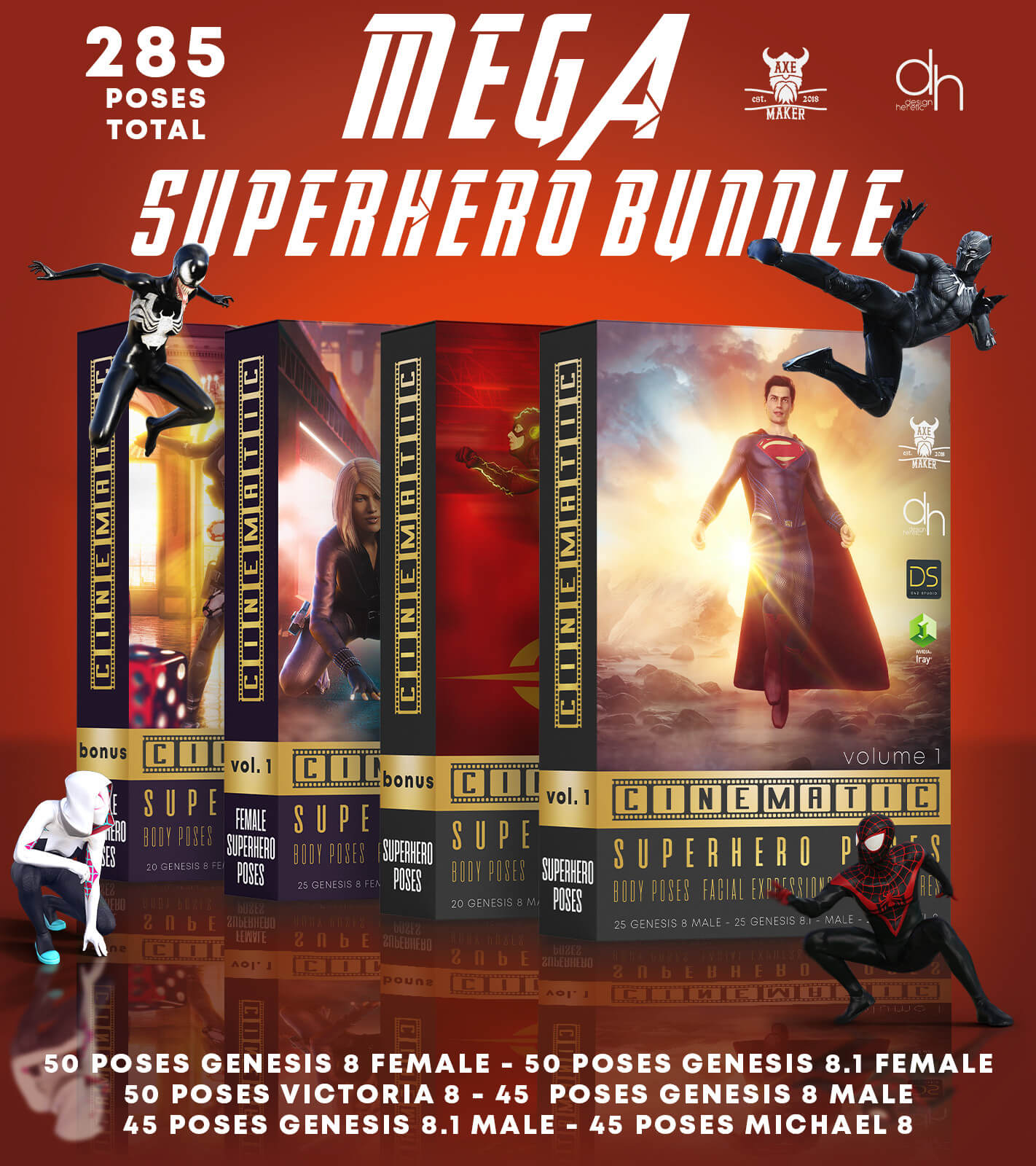 Mega SuperHero Pose Bundle for Genesis 8 Figures - Daz Content by Axe Maker
