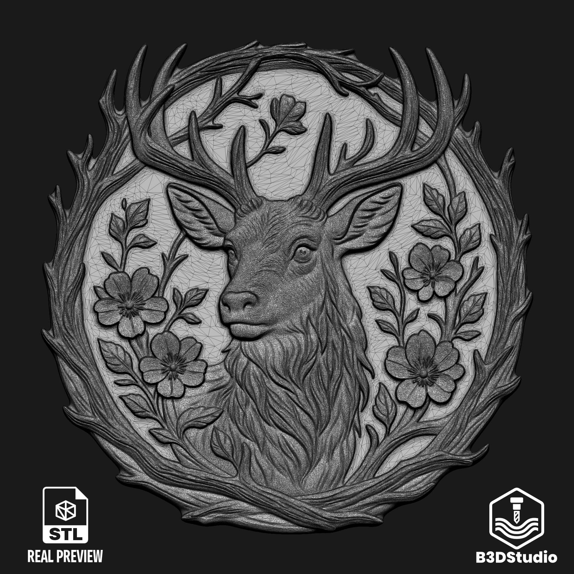 Deer Relief 3D Model for CNC, Laser Engrave, and 3D Print by B3DStudio