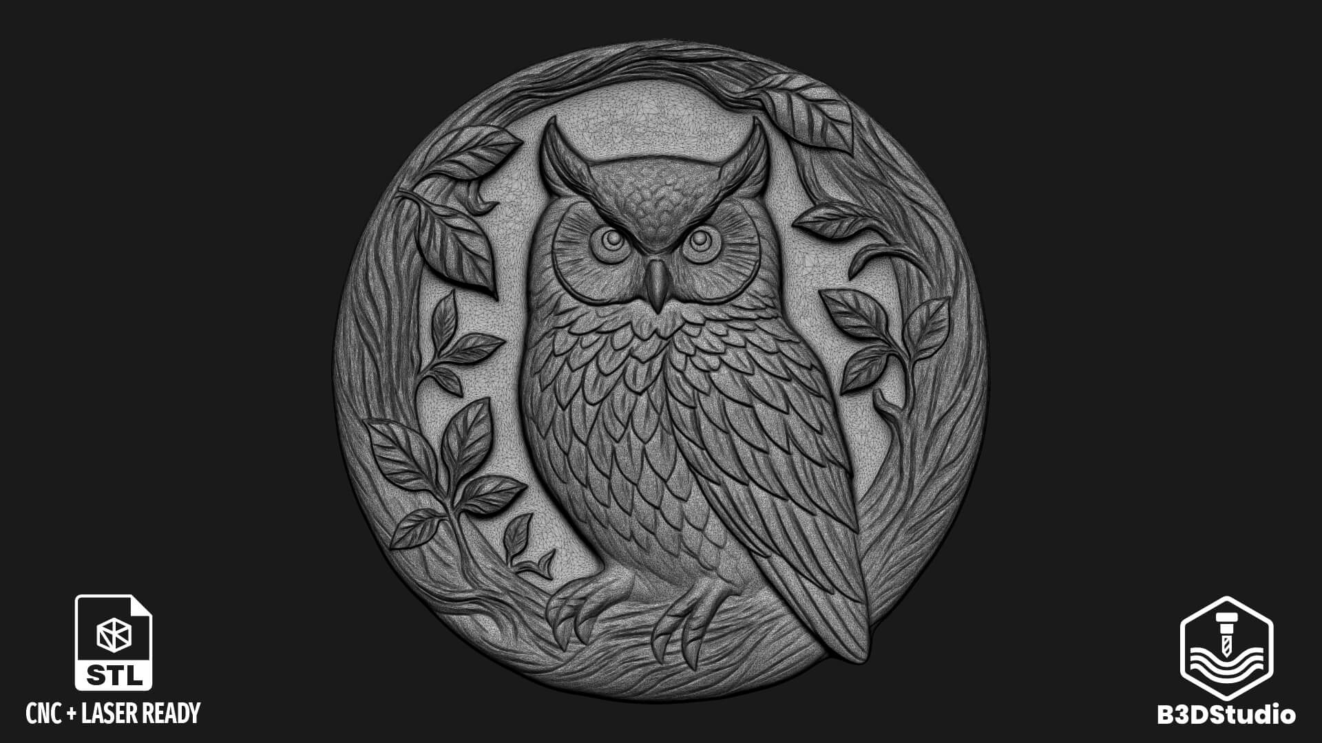 High Detail Owl Relief for CNC Laser and 3D Print STL File a by B3DStudio