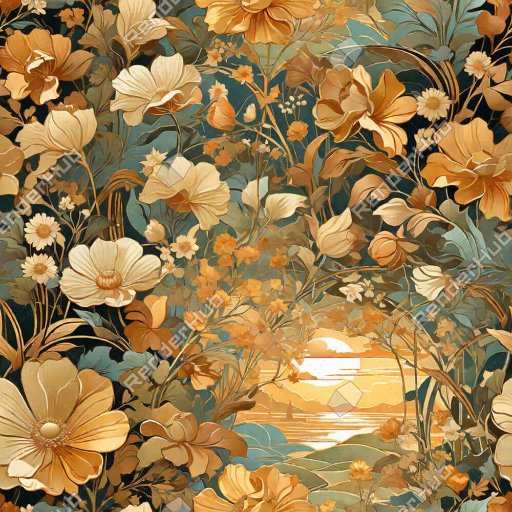 Serene Spring Landscape Seamless Repeat Pattern - Stock Image by Babakn
