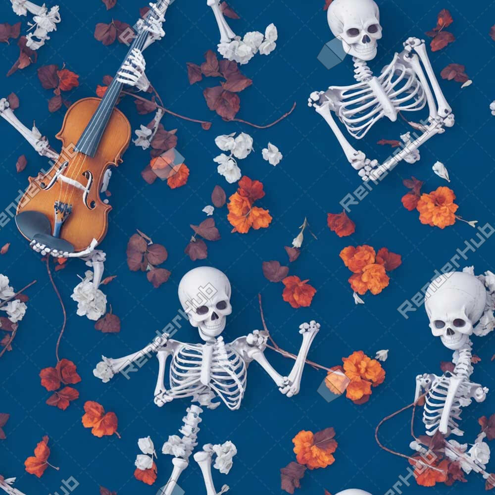 Spooky Elegance: Skeleton Seamless Repeat Pattern - Stock Image by Babakn