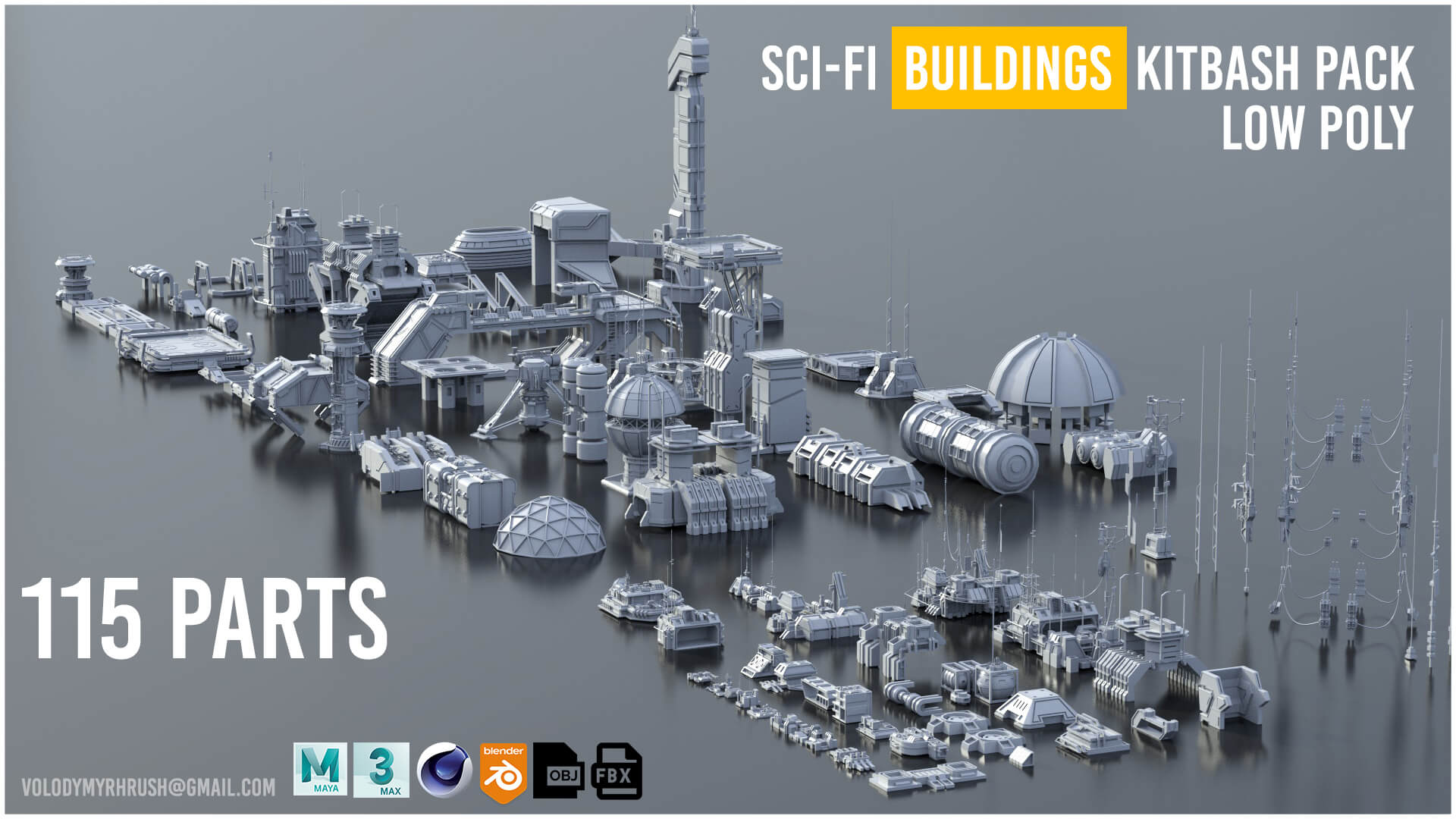 115 Sci-Fi Kitbash Parts and 7 Unique Sci-Fi Buildings 3D Model by Bearg