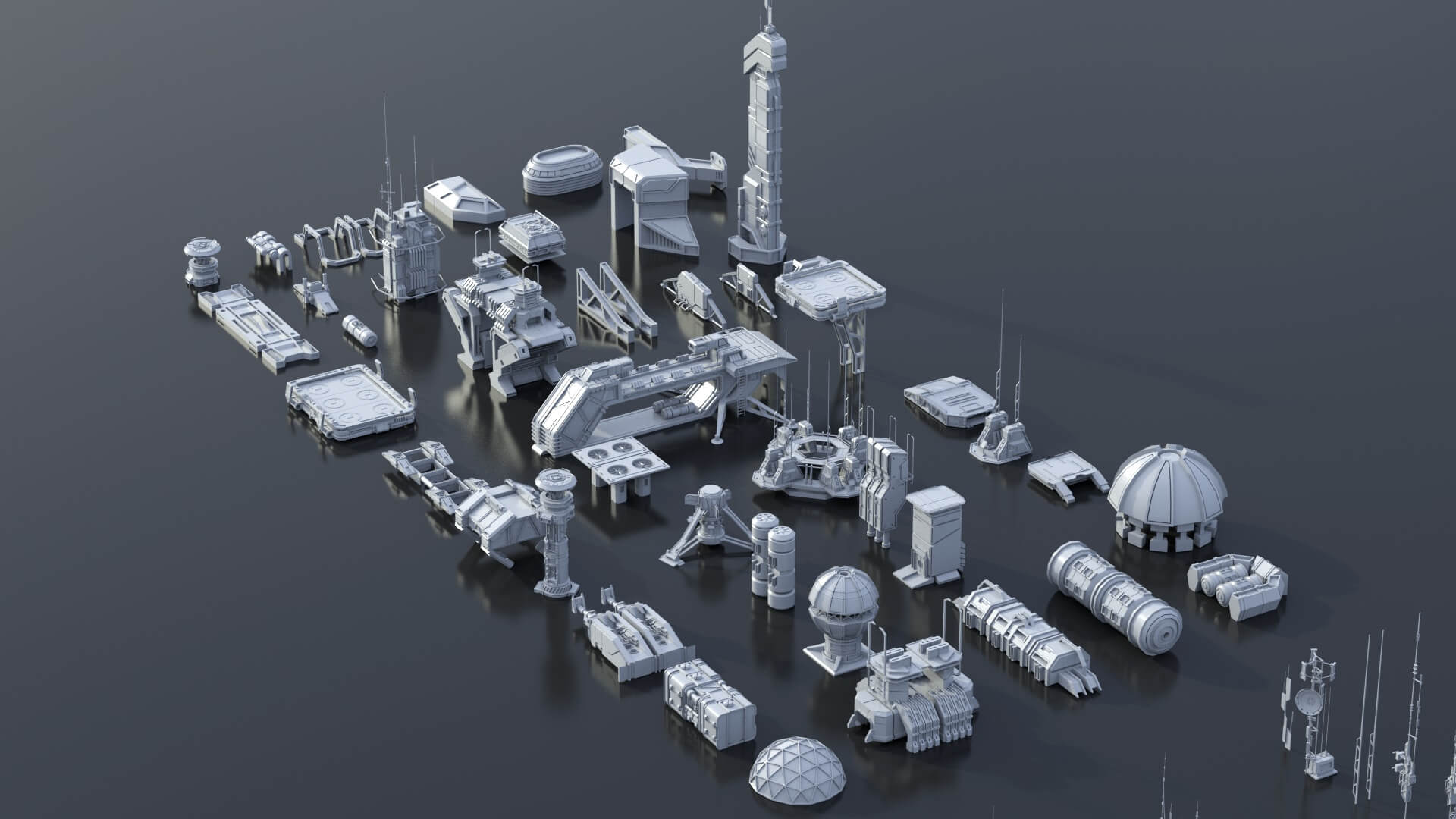 115 Sci-Fi Kitbash Parts and 7 Unique Sci-Fi Buildings 3D Model by Bearg