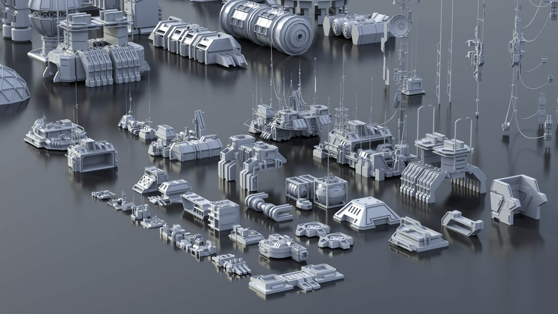 115 Sci-Fi Kitbash Parts and 7 Unique Sci-Fi Buildings 3D Model by Bearg
