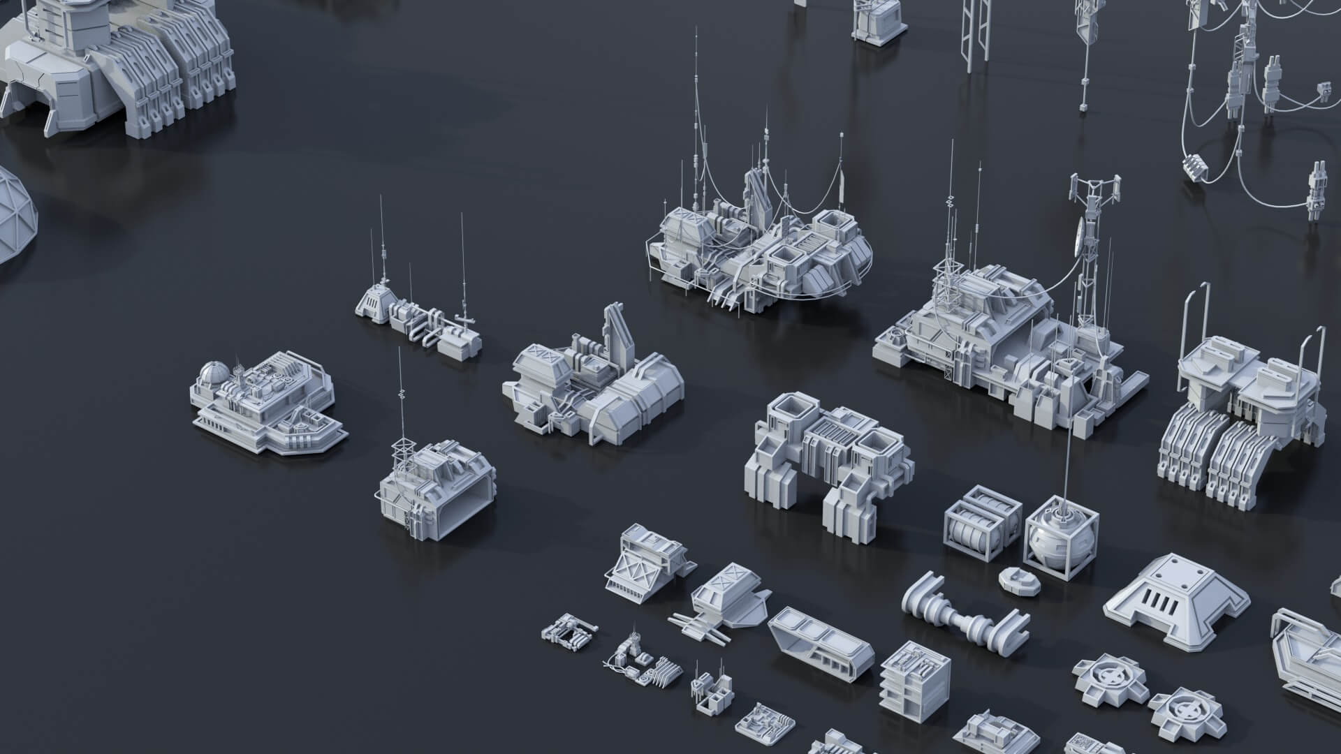 115 Sci-Fi Kitbash Parts and 7 Unique Sci-Fi Buildings 3D Model by Bearg