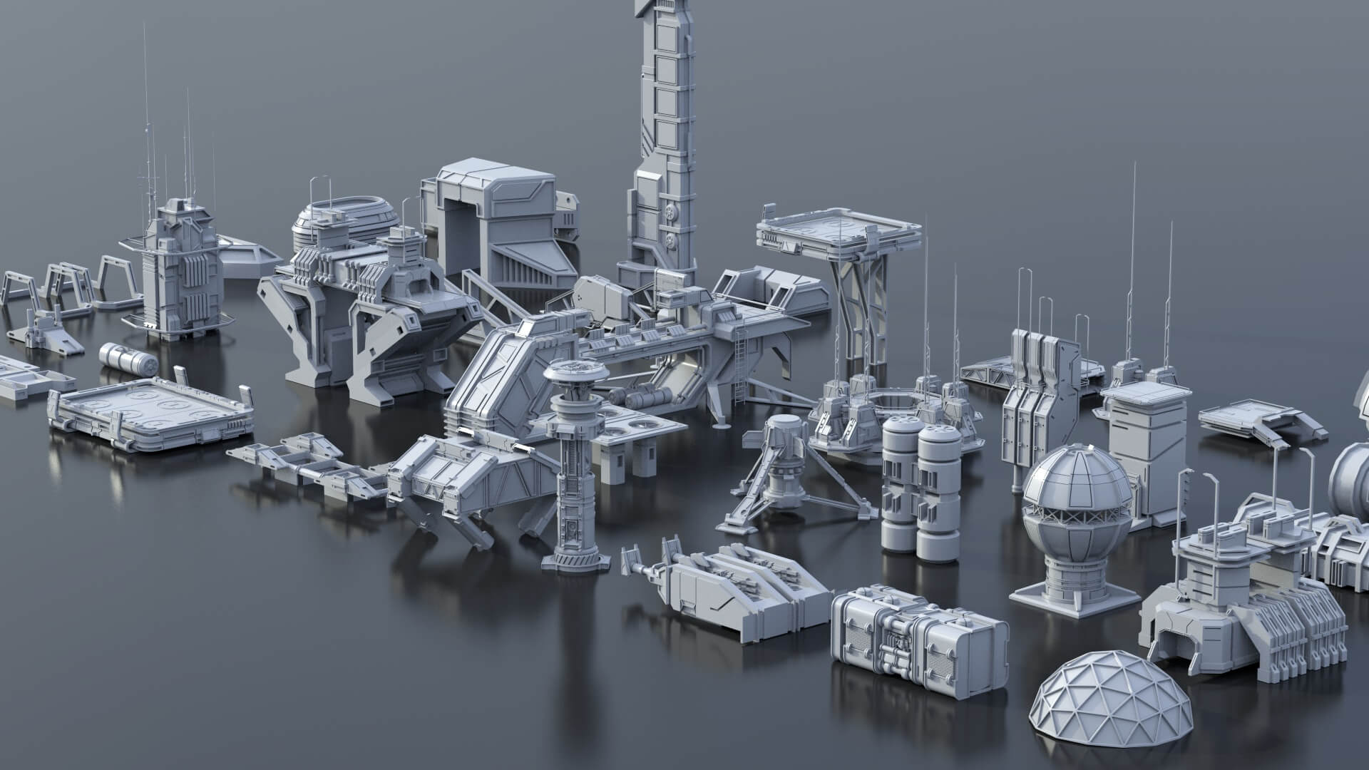115 Sci-Fi Kitbash Parts and 7 Unique Sci-Fi Buildings 3D Model by Bearg