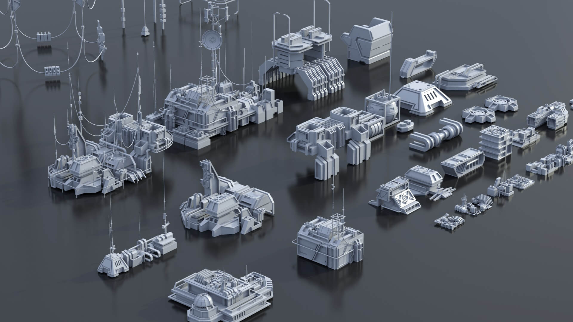 115 Sci-Fi Kitbash Parts and 7 Unique Sci-Fi Buildings 3D Model by Bearg