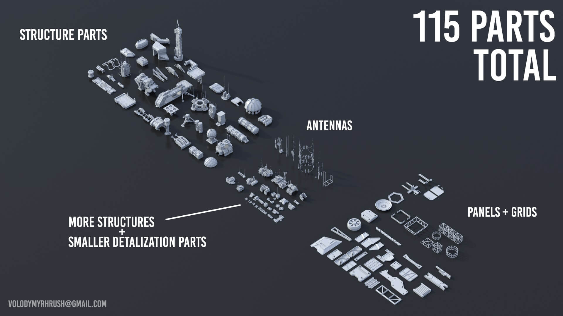 115 Sci-Fi Kitbash Parts and 7 Unique Sci-Fi Buildings 3D Model by Bearg