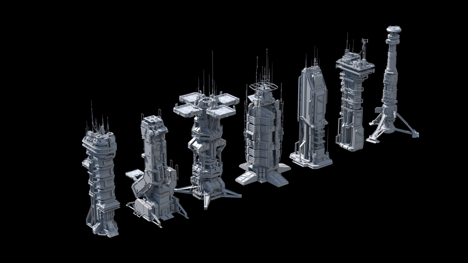 115 Sci-Fi Kitbash Parts and 7 Unique Sci-Fi Buildings 3D Model by Bearg