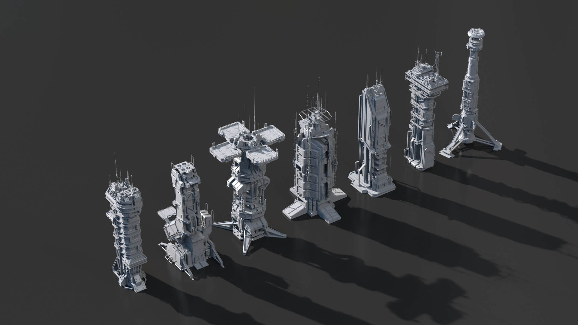 115 Sci-Fi Kitbash Parts and 7 Unique Sci-Fi Buildings 3D Model by Bearg