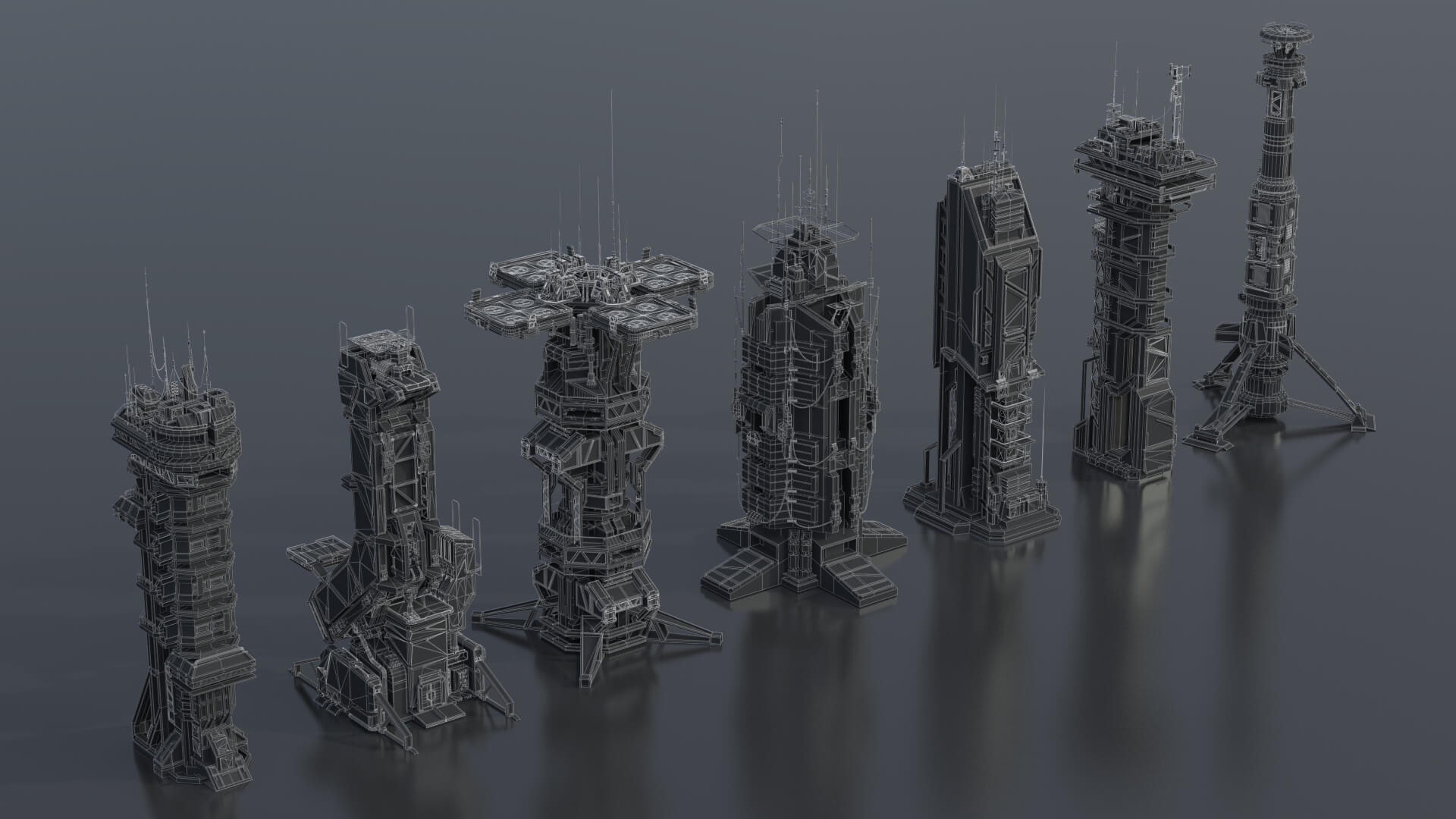 115 Sci-Fi Kitbash Parts and 7 Unique Sci-Fi Buildings 3D Model by Bearg