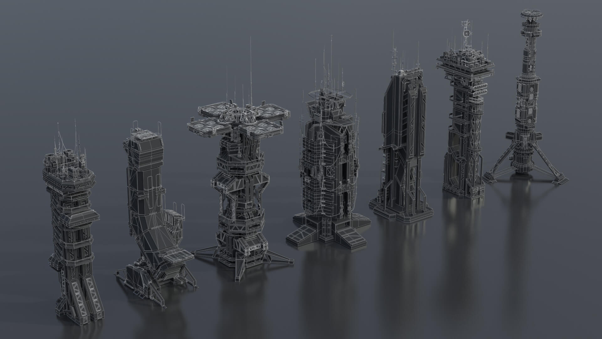 115 Sci-Fi Kitbash Parts and 7 Unique Sci-Fi Buildings 3D Model by Bearg