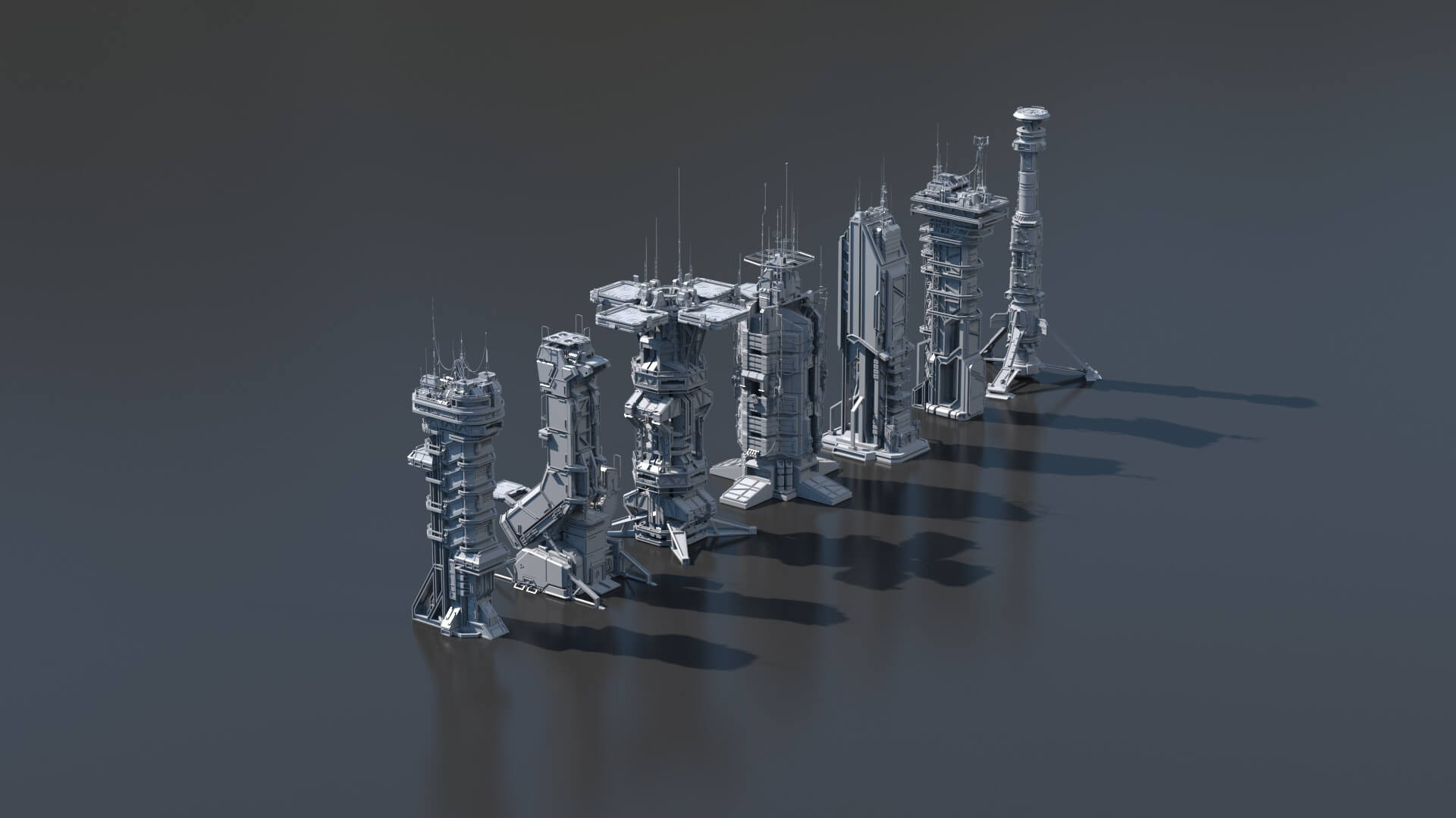 115 Sci-Fi Kitbash Parts and 7 Unique Sci-Fi Buildings 3D Model by Bearg