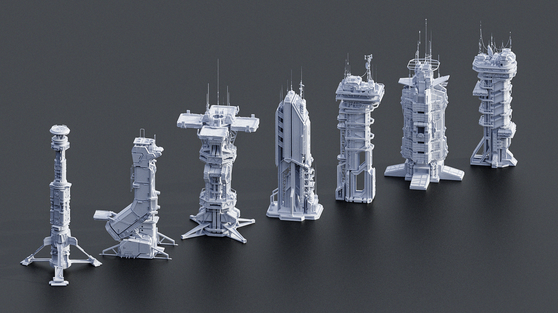 Sci-Fi Futuristic Military Buildings Pack 3D Render by Bearg