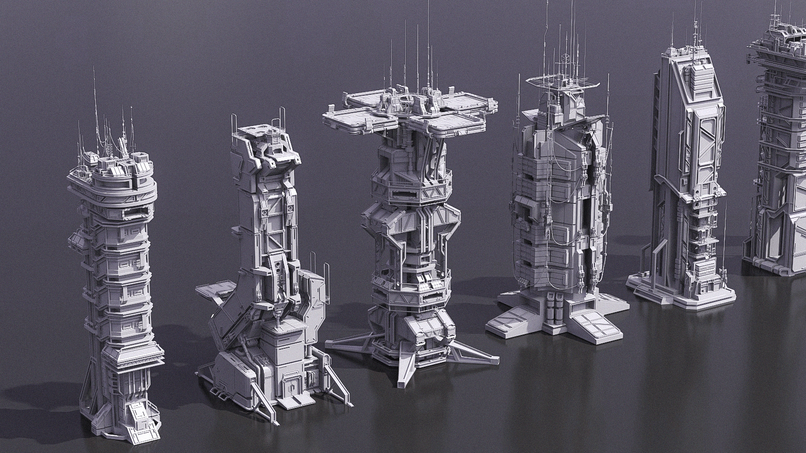 Sci-Fi Futuristic Military Buildings Pack 3D Render by Bearg