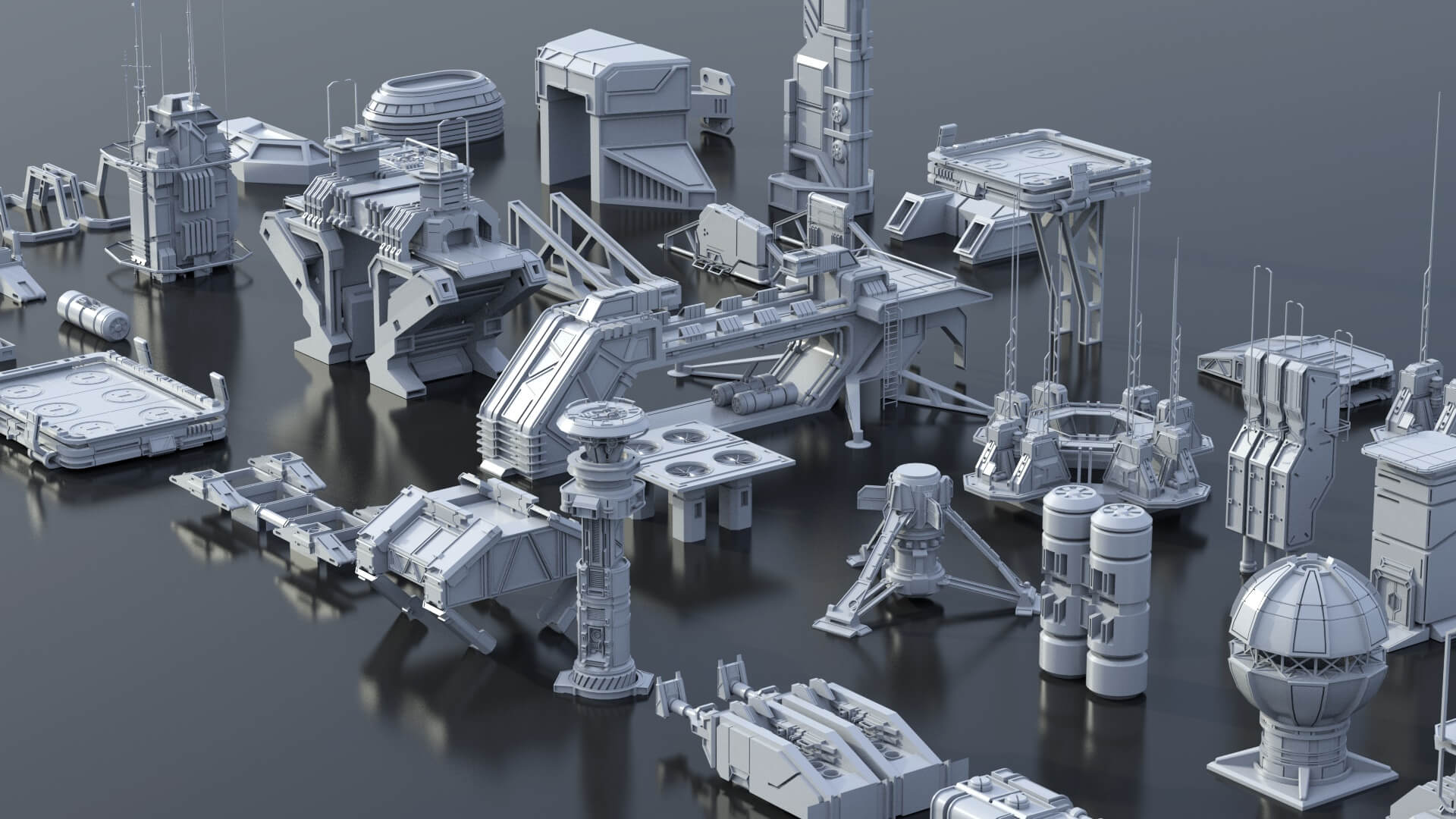 Sci-Fi Building Dressing Kitbash Pack 3D Model by Bearg