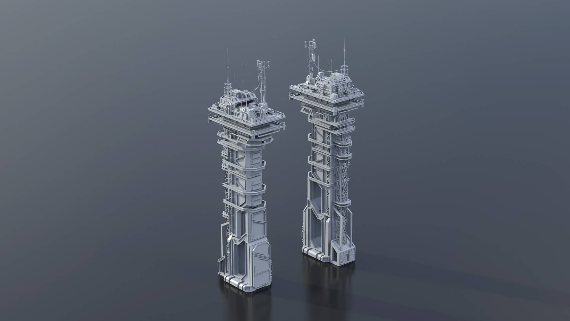 Sci-Fi Buildings Radiotower Skyscraper Low Poly 3D Model by Bearg