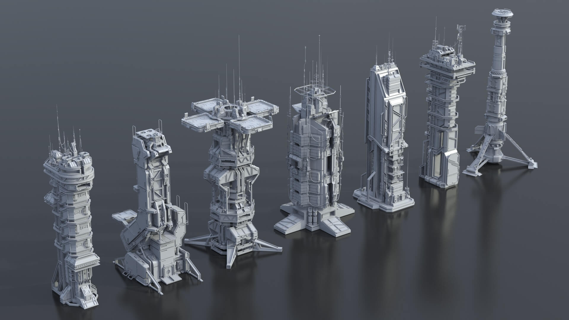 Sci-Fi Futuristic Military Buildings Pack 3D Model by Bearg