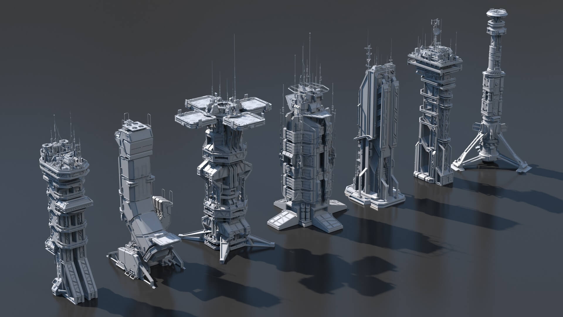 Sci-Fi Futuristic Military Buildings Pack 3D Model by Bearg