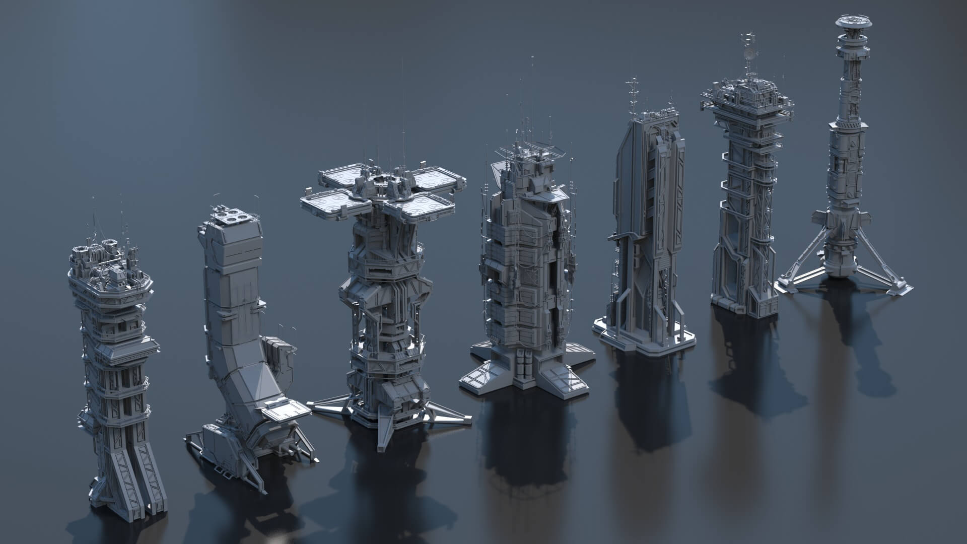 Sci-Fi Futuristic Military Buildings Pack Low Poly 3D Models by Bearg