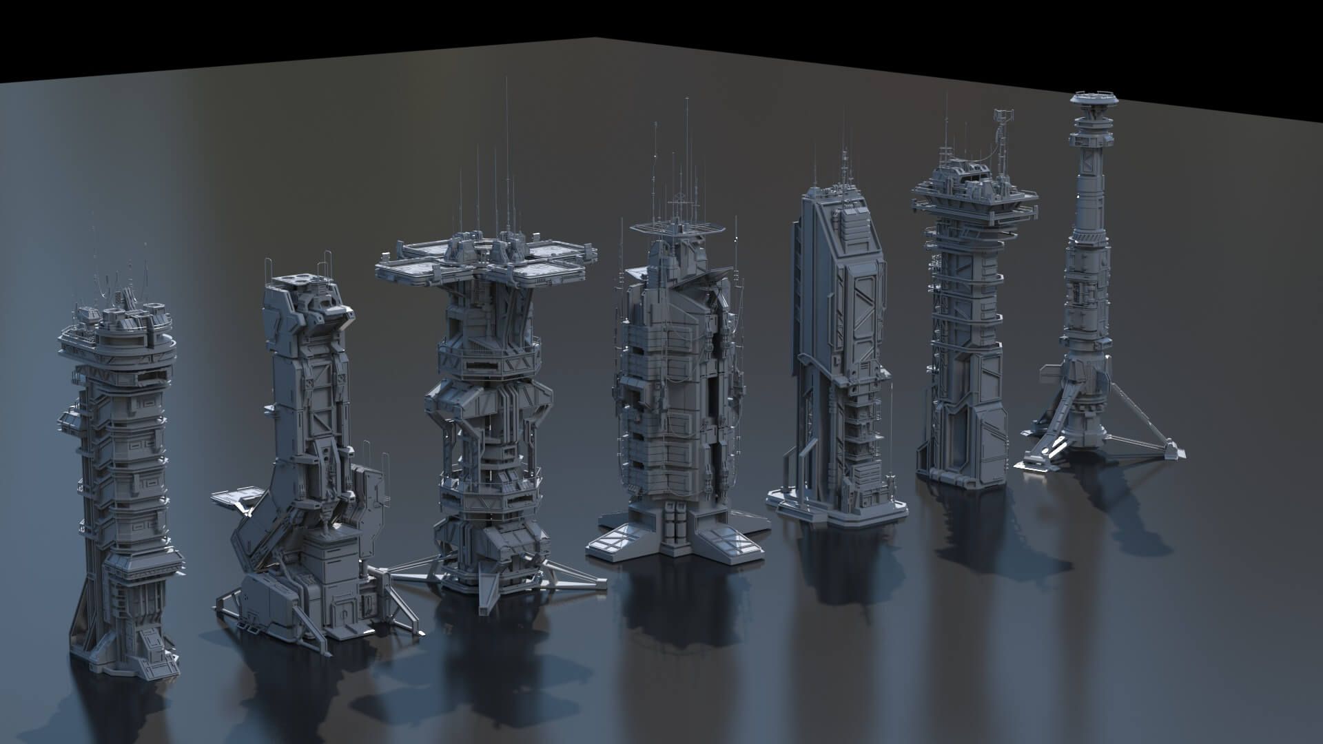 Sci-Fi Futuristic Military Buildings Pack 3D Model by Bearg