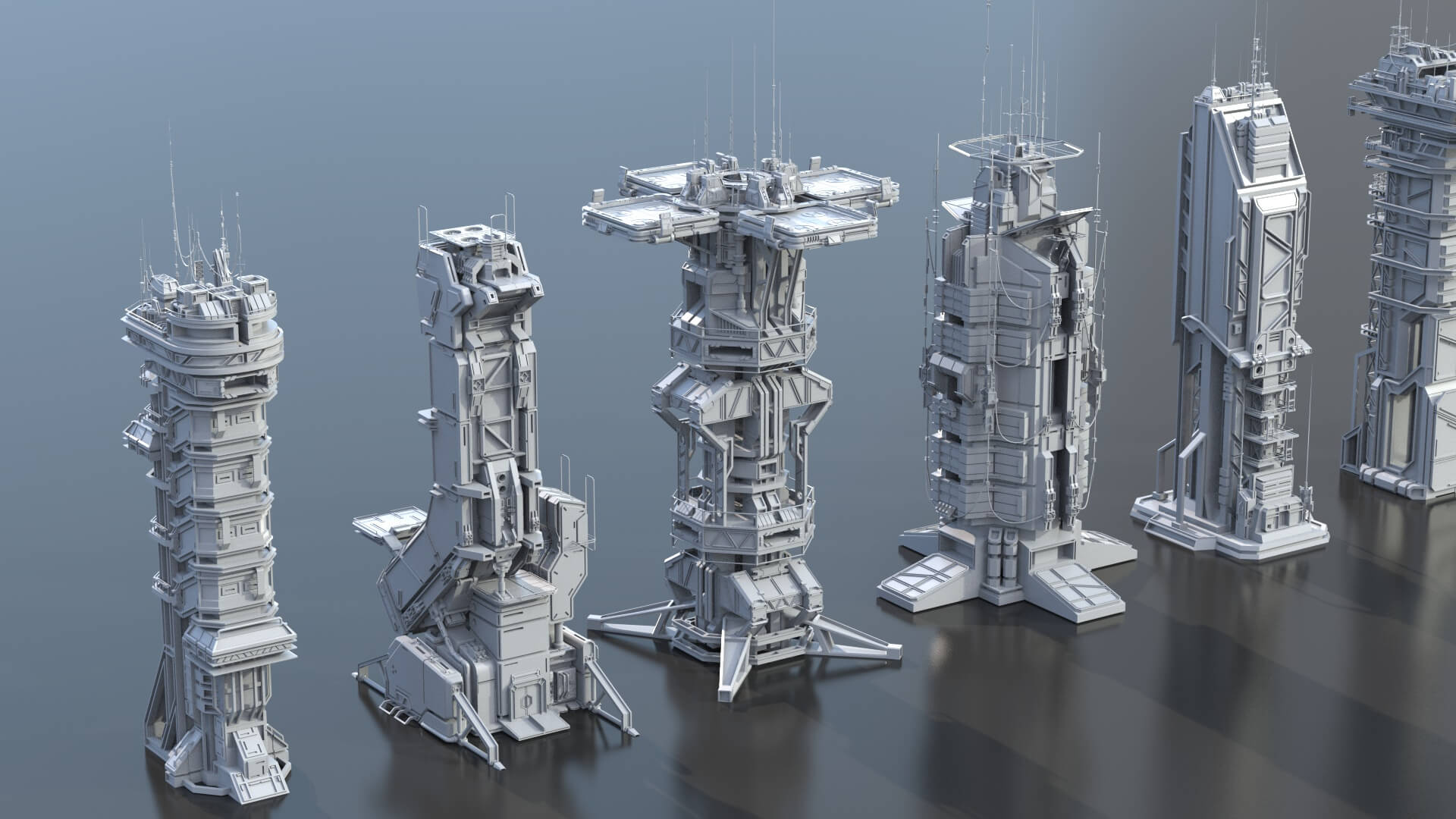 Sci-Fi Futuristic Military Buildings Pack 3D Model by Bearg