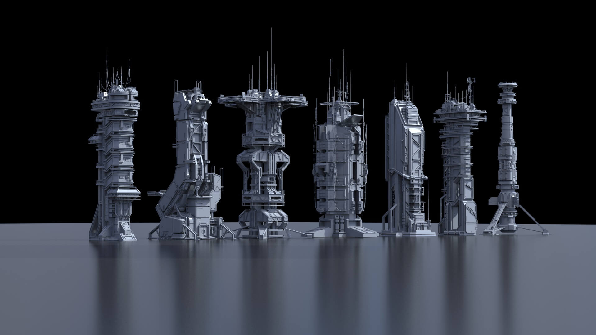 Sci-Fi Futuristic Military Buildings Pack 3D Model by Bearg