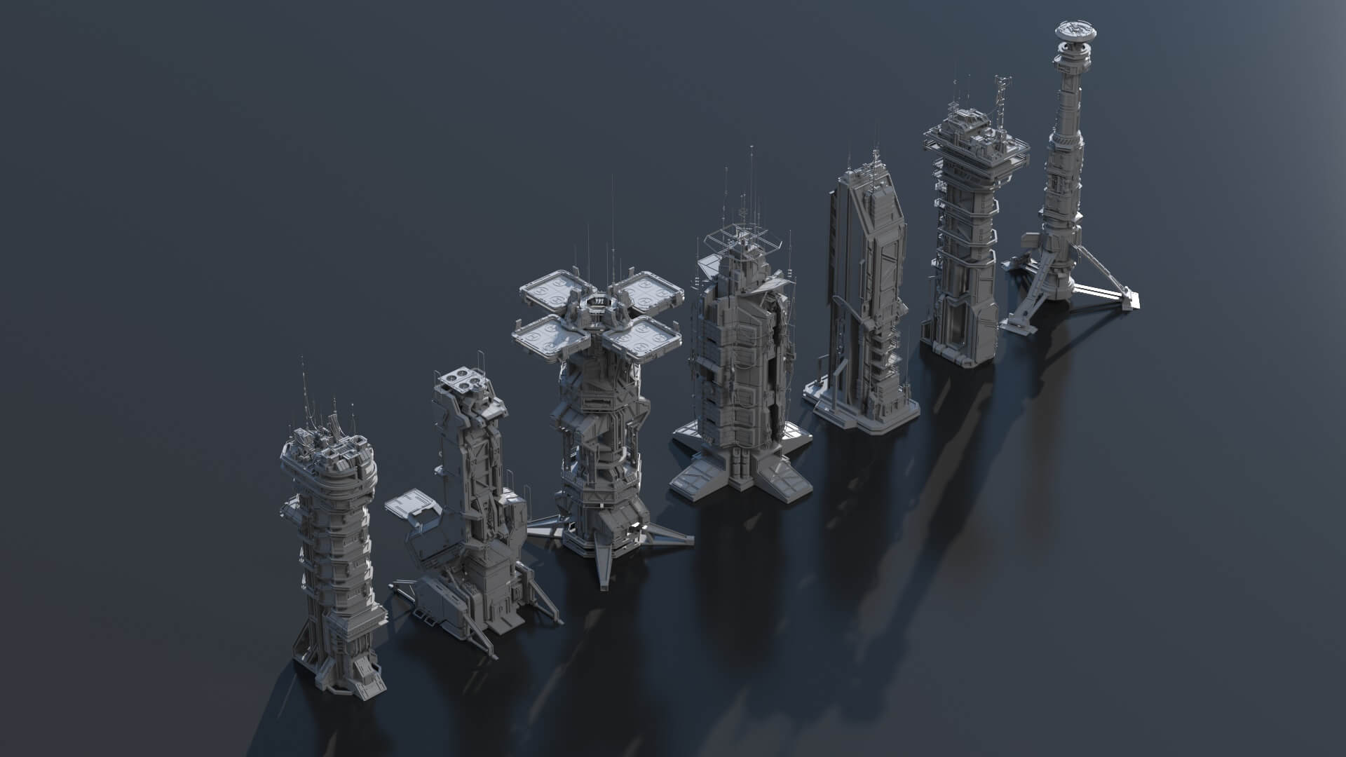 Sci-Fi Futuristic Military Buildings Pack 3D Model by Bearg