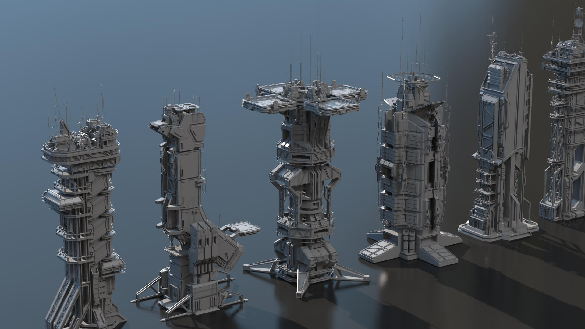 Sci-Fi Futuristic Military Buildings Pack Low Poly 3D Models by Bearg