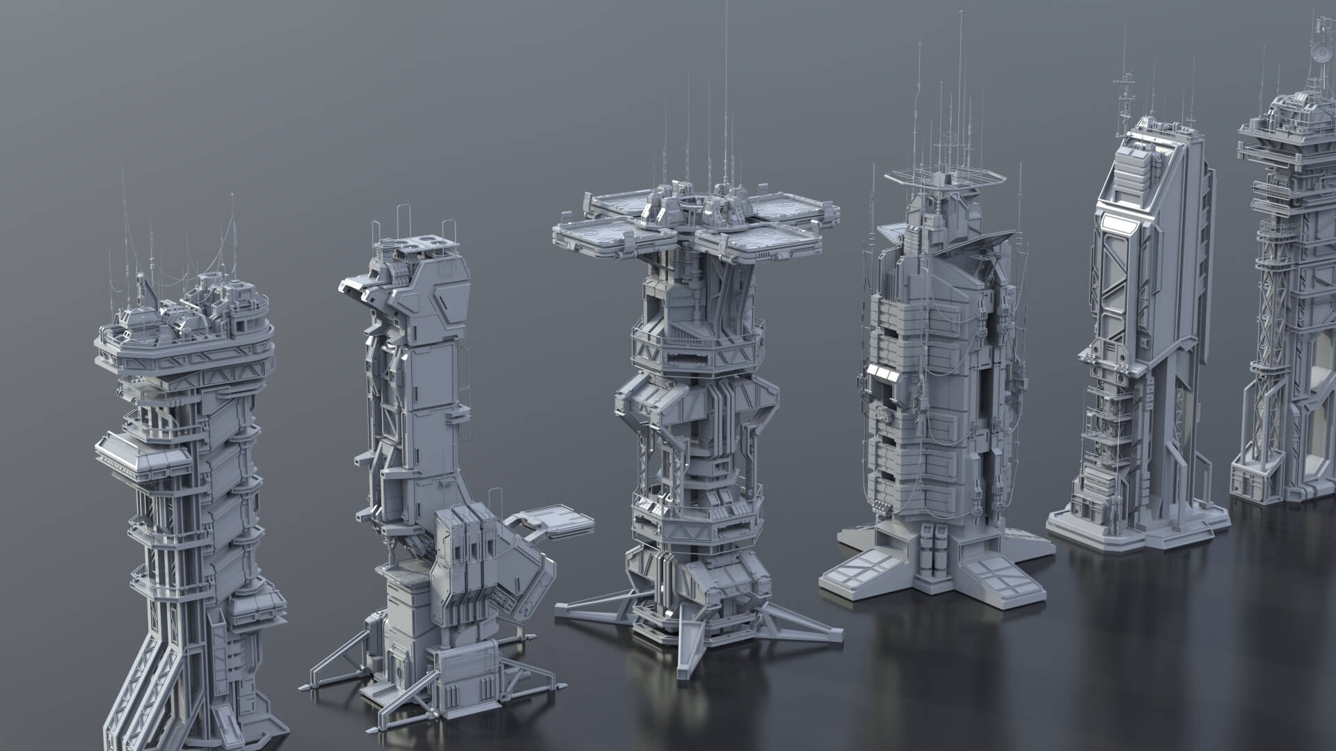 Sci-Fi Futuristic Military Buildings Pack 3D Model by Bearg