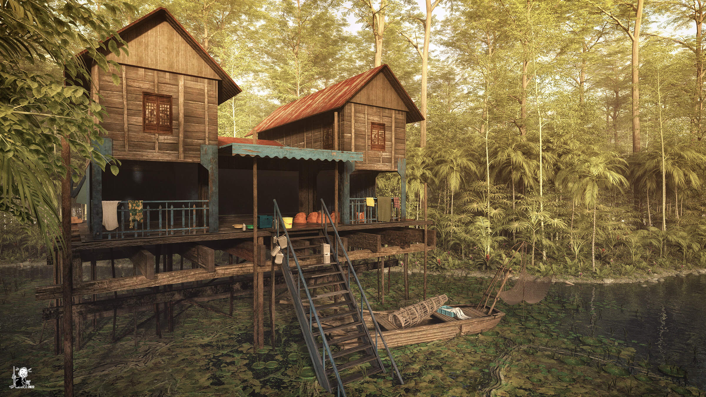 Jungle fishing house 3D Render, Digital Art by bisonravi