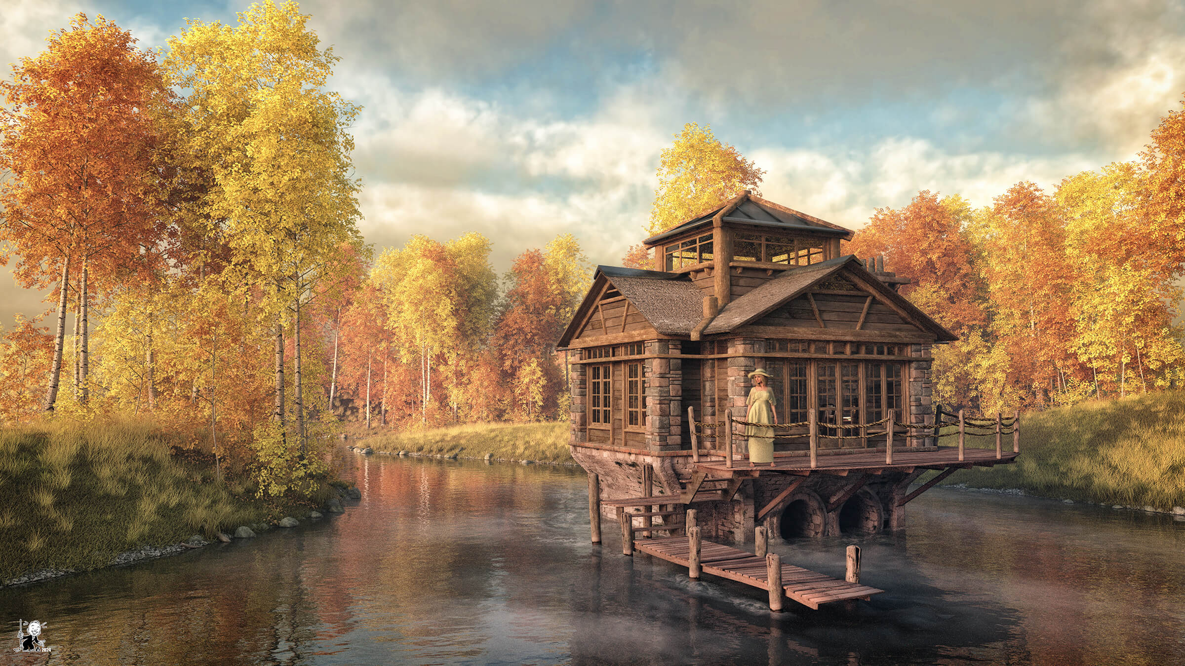 The river cottage 3D Render, Digital Art by bisonravi