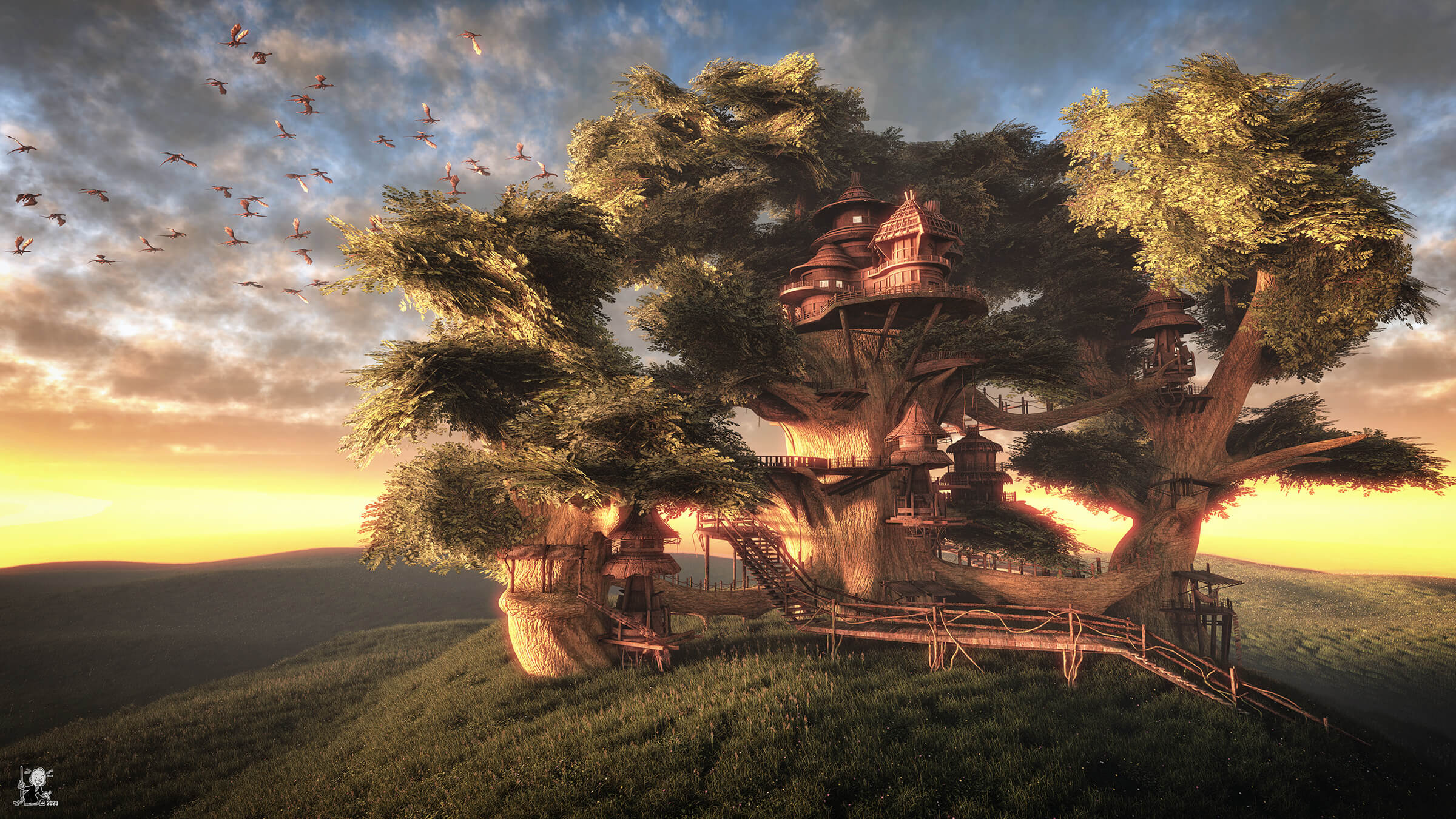 The sacred tree at dusk 3D Render, Digital Art by bisonravi