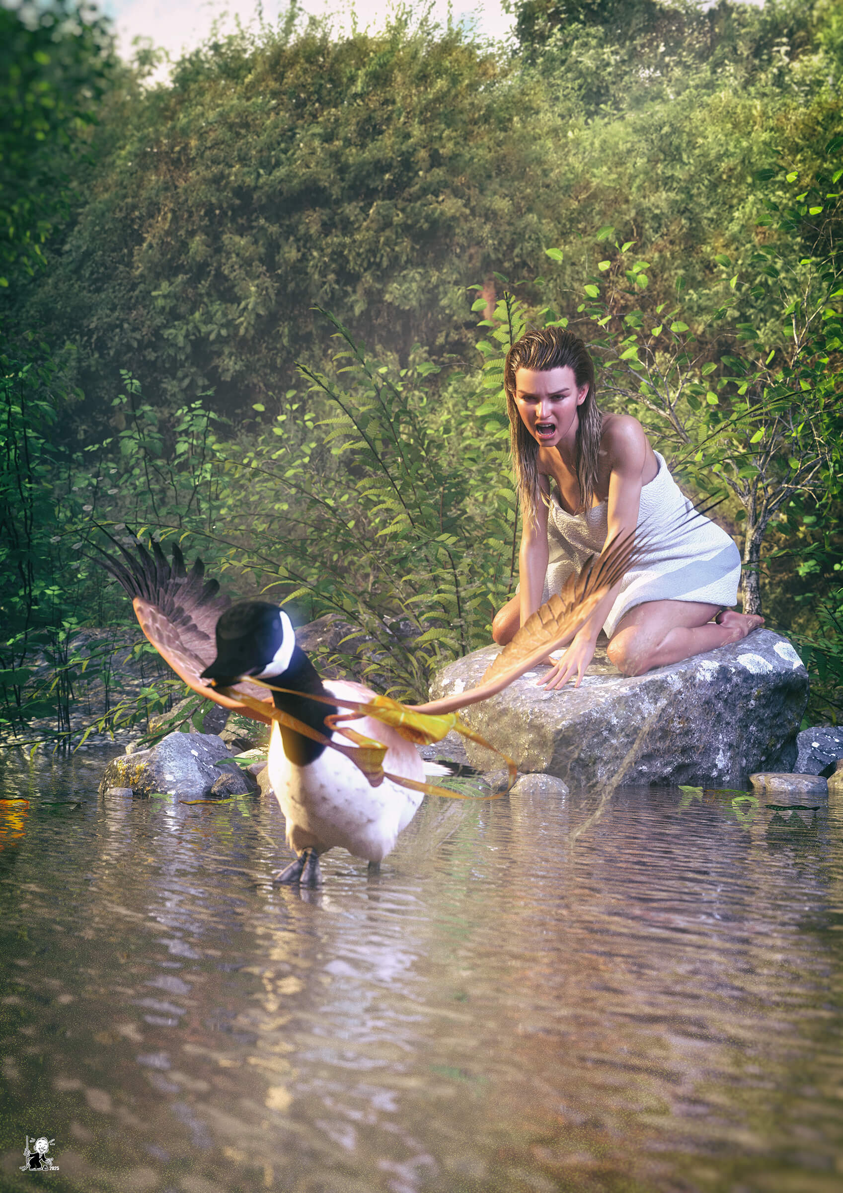 The Swimsuit-Stealing Duck 3D Render, Digital Art by bisonravi