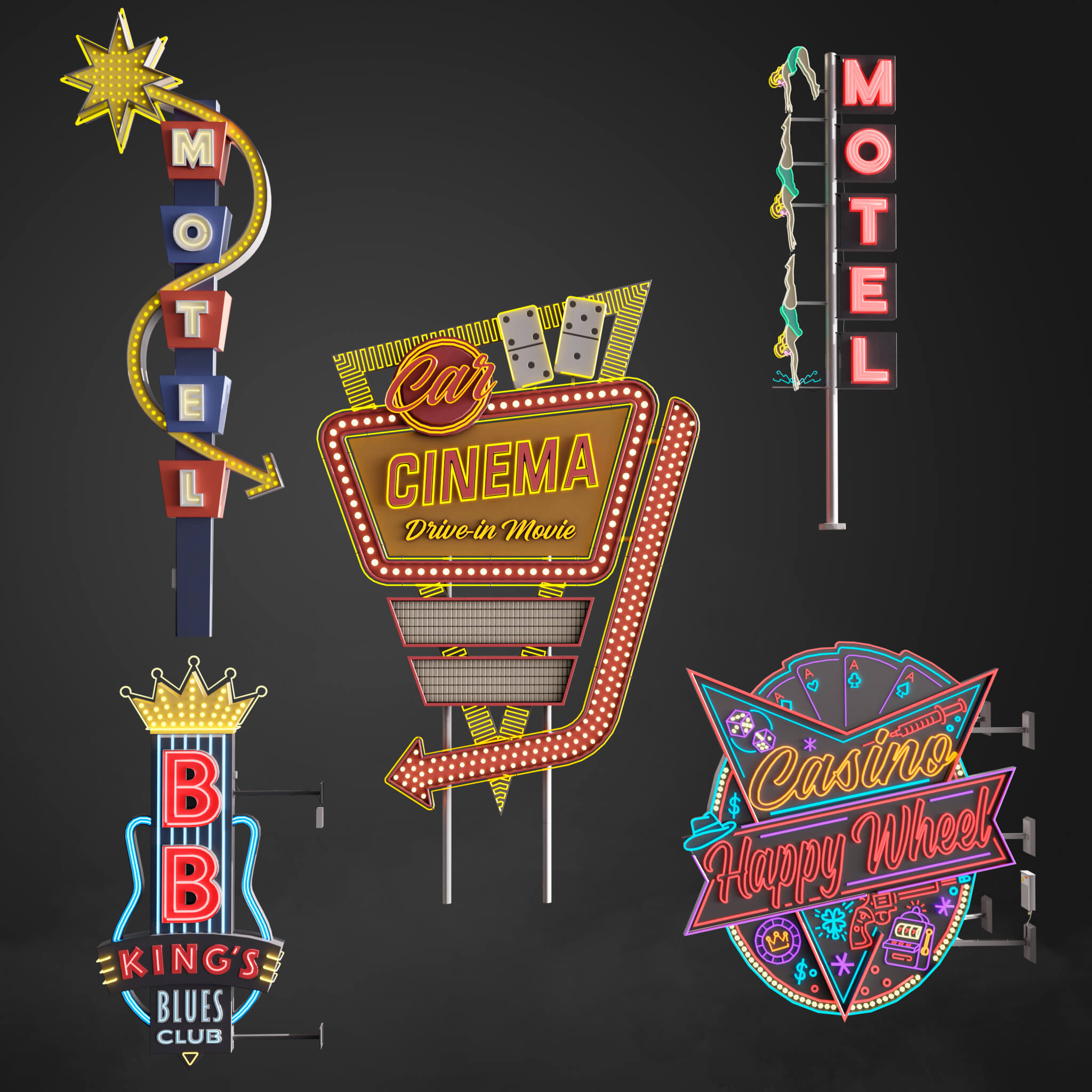 5 Neon Signs in 3 Types - 3D Model by Blackvizual
