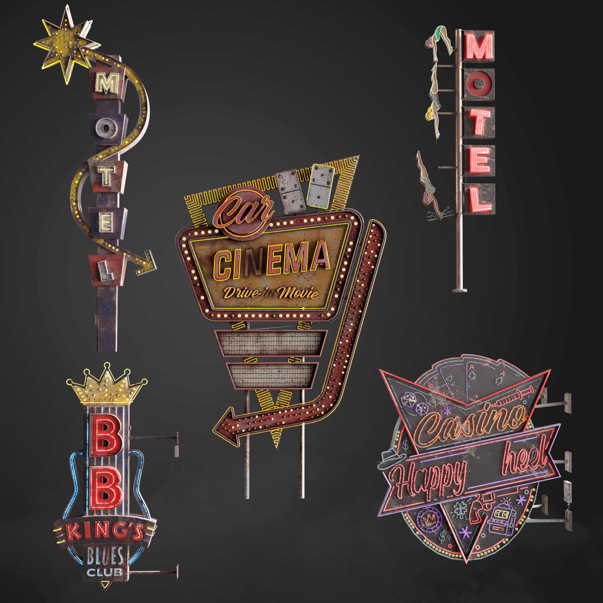 5 Neon Signs in 3 Types - 3D Model by Blackvizual