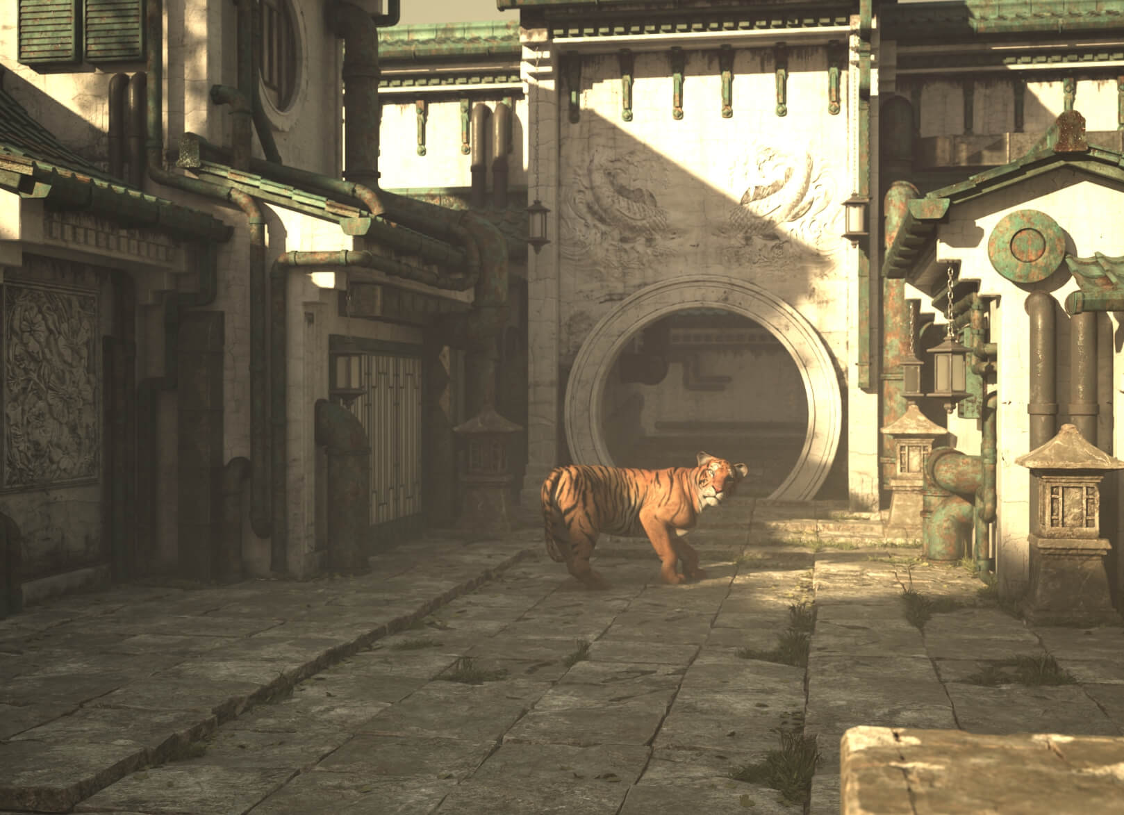 A Tiger in the Temple 3D Render, Digital Art by Blue Flame