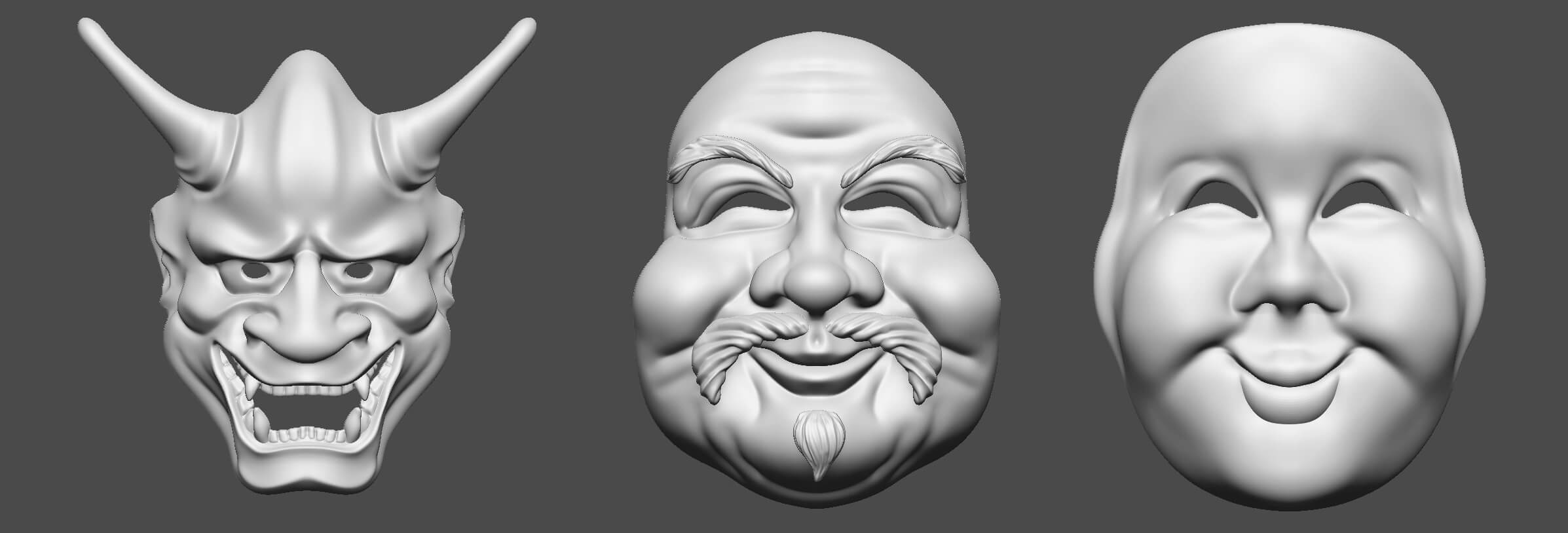 20 Mid-Poly Japanese Traditional Theatrical Masks IMM Set Brush or Tool ...