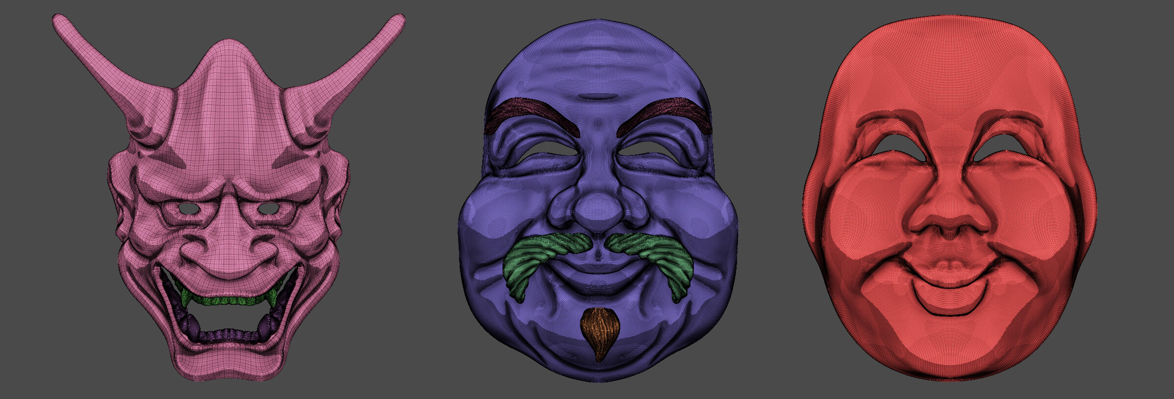 20 Mid-Poly Japanese Traditional Theatrical Masks IMM Set Brush or Tool ...