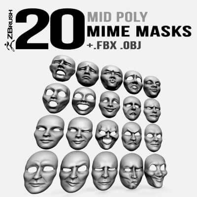 20 Mime and Facial Expression Masks IMM Zbrush Set - Brush or Tool by ...