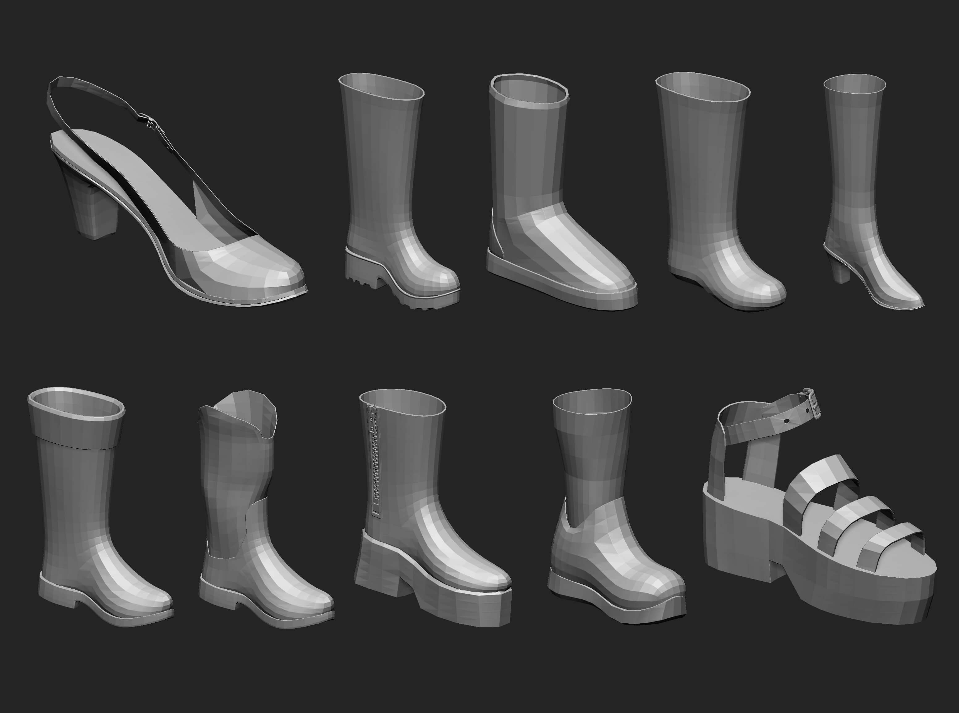 65 Low Poly Shoe Footwear Base Mesh and Parts IMM Set - Brush or Tool ...
