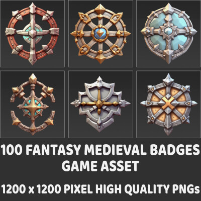 100 Fantasy Medieval Badges Game Asset by cgsea