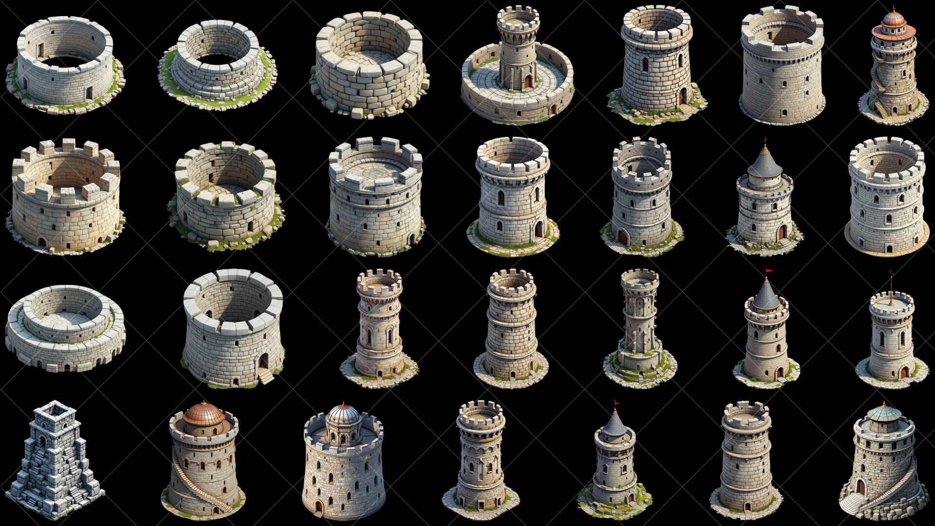 111 Transparent Fantasy Medieval Towers - 2D Game Asset by cgsea
