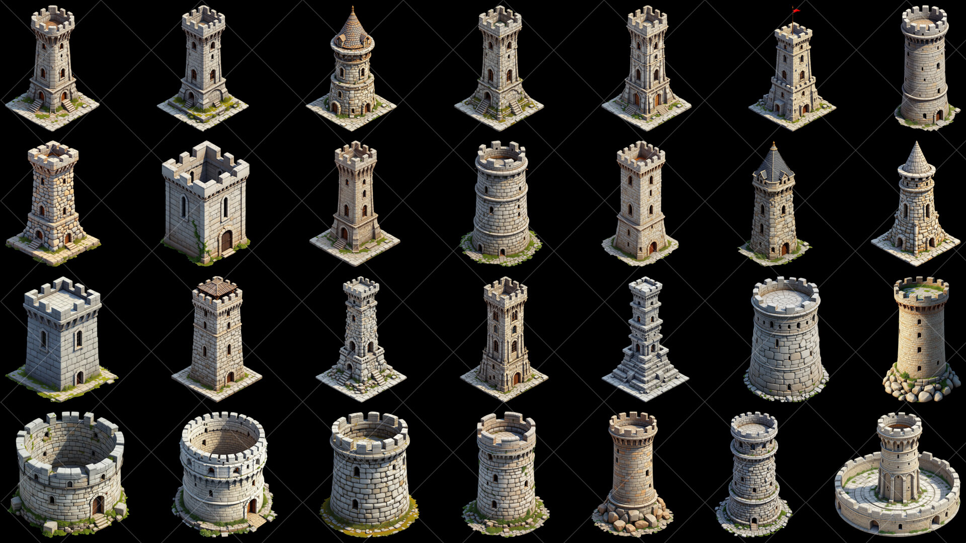 111 Transparent Fantasy Medieval Towers - 2D Game Asset by cgsea