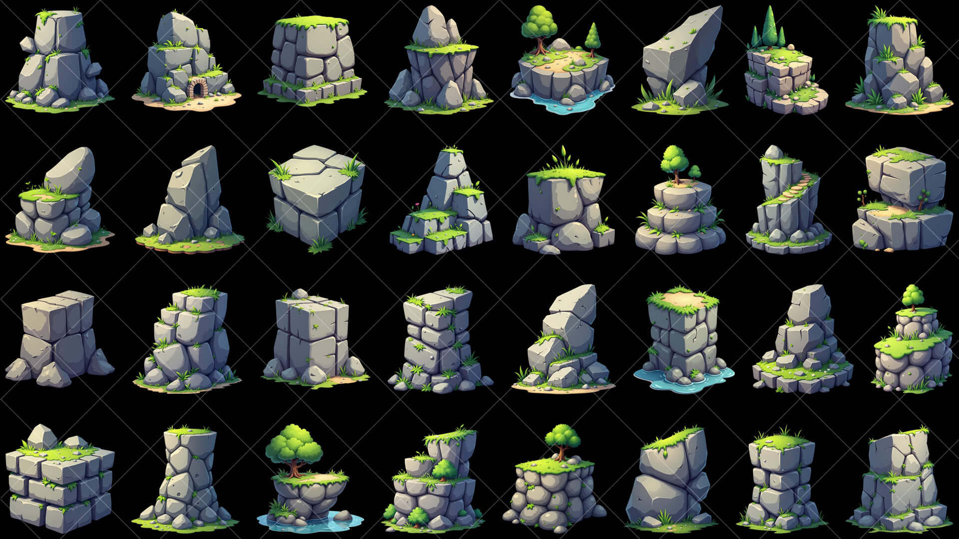 160 Transparent Cartoon Style Stone Rock Cliffs - 2D Game Asset by cgsea