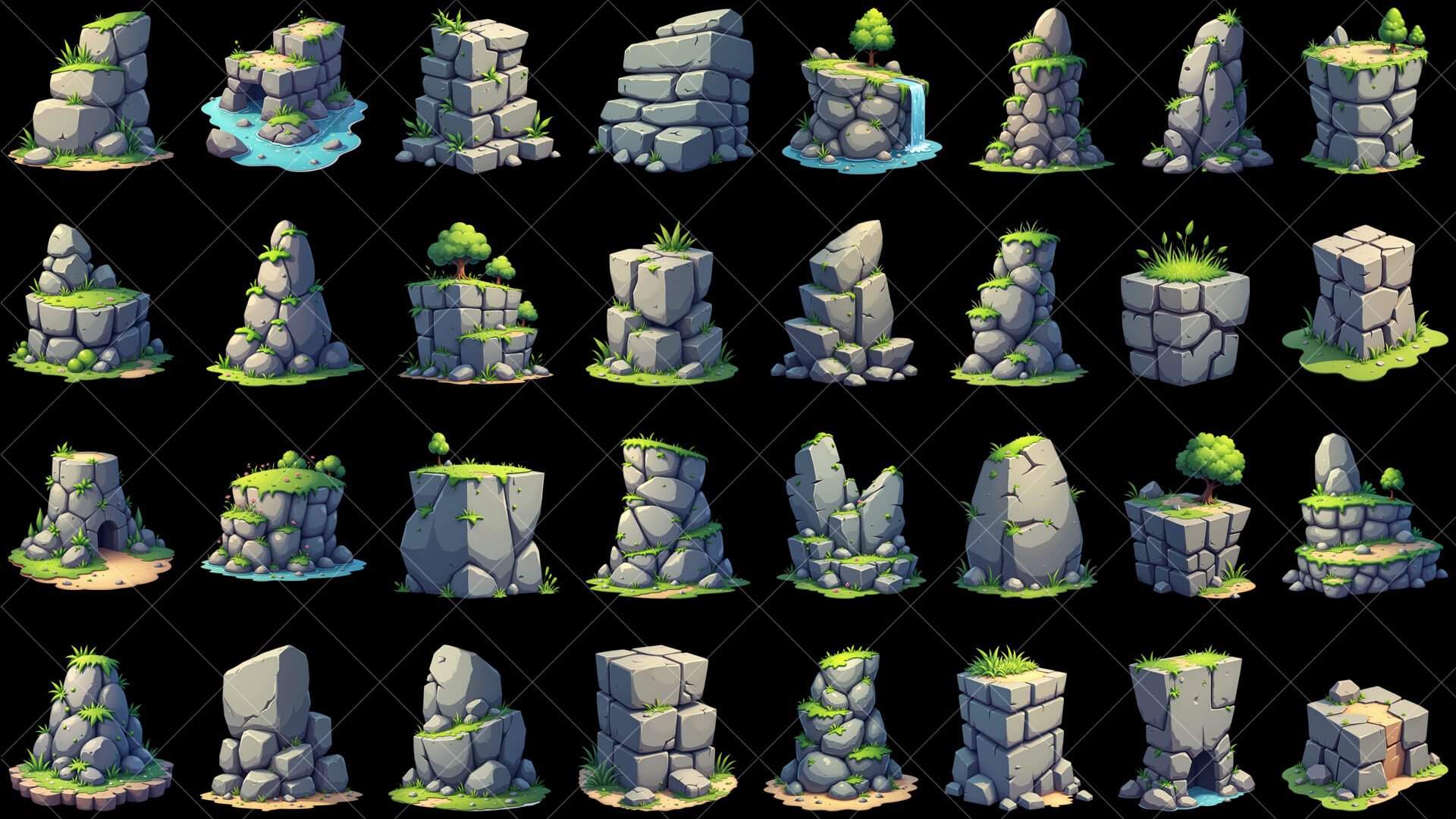 160 Transparent Cartoon Style Stone Rock Cliffs - 2D Game Asset by cgsea