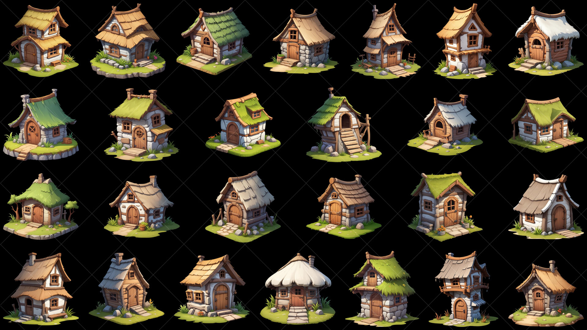 50 Fantasy Cartoon Style Village Huts - 2D Game Asset by cgsea