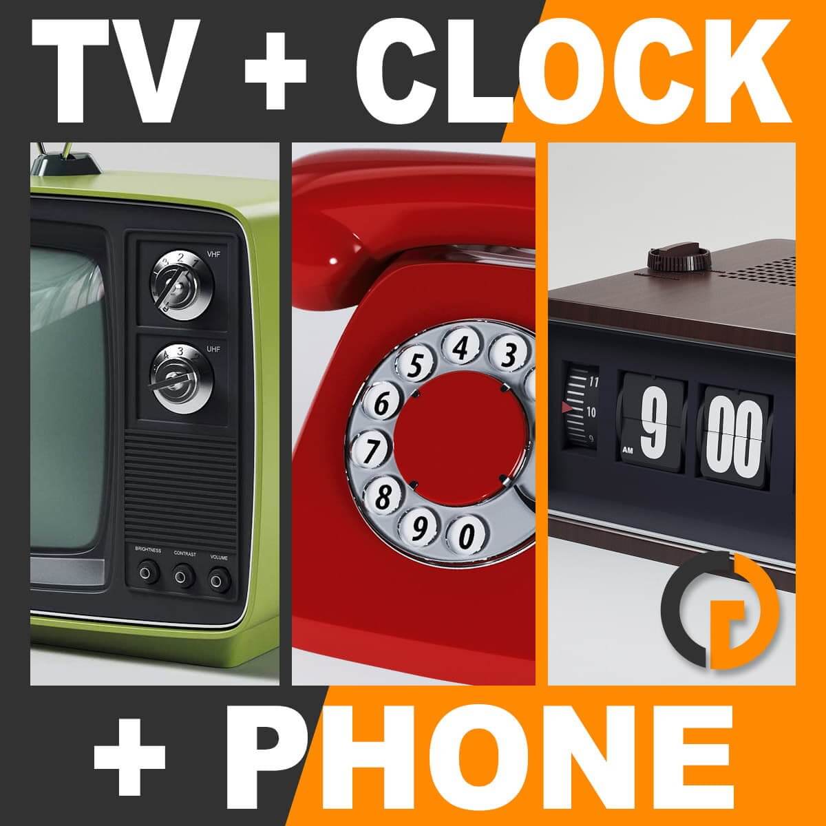 Retro Television Set, Flip Clock and Telephone - 3D Model by CGShape
