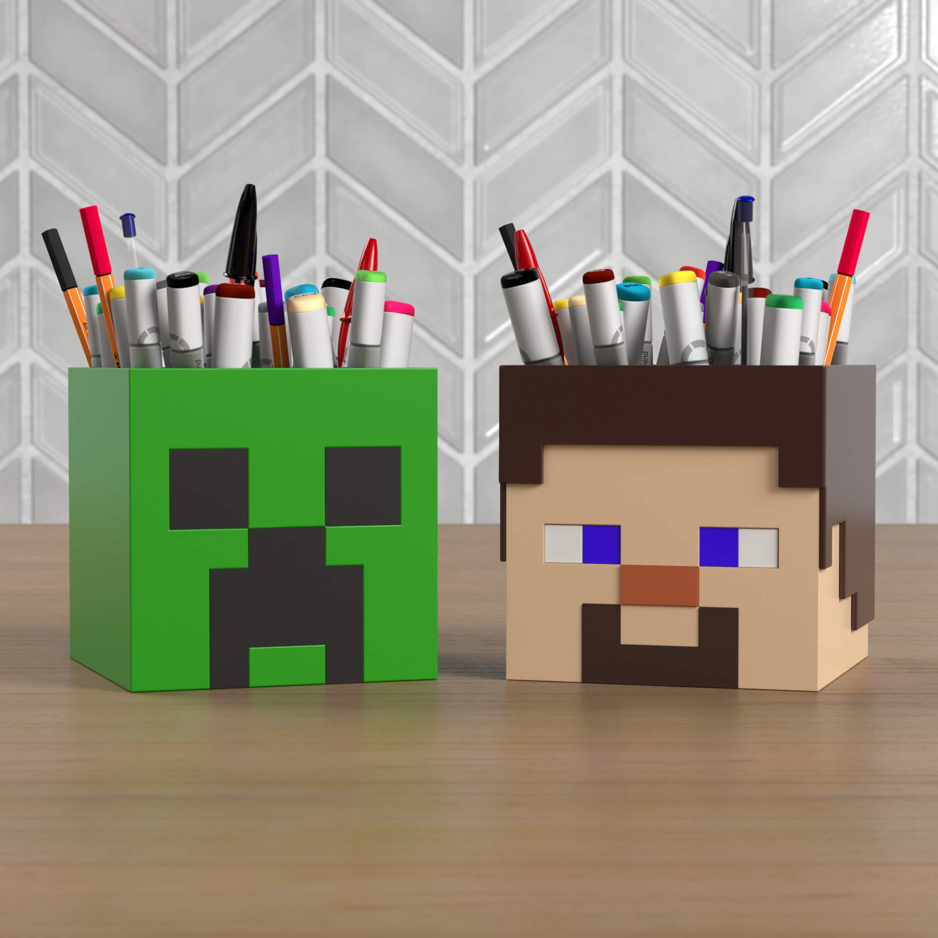Minecraft Penholders Heads - Steve and Creeper 3D Model by CheeseBread_3D
